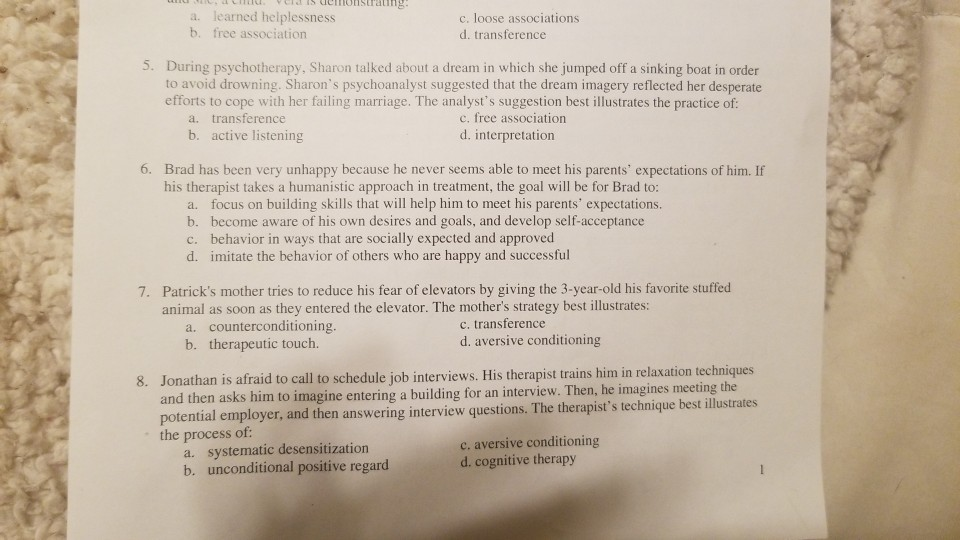 Solved a. learned helplessness c. loose associations d. | Chegg.com