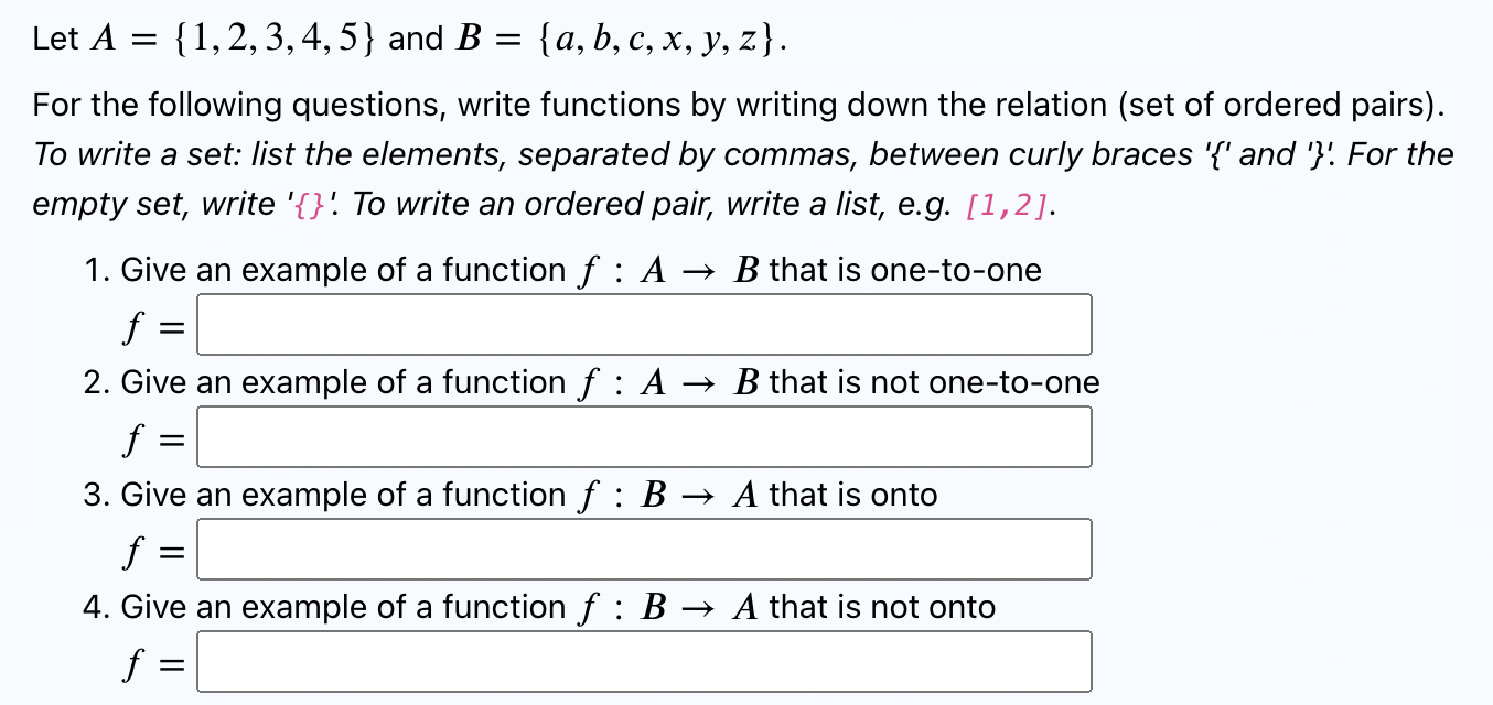 Solved Let A={1,2,3,4,5} and B={a,b,c,x,y,z}. For the | Chegg.com Solved Let A={1,2,3,4,5} and B={a,b,c,x,y,z}. For the | Chegg.com