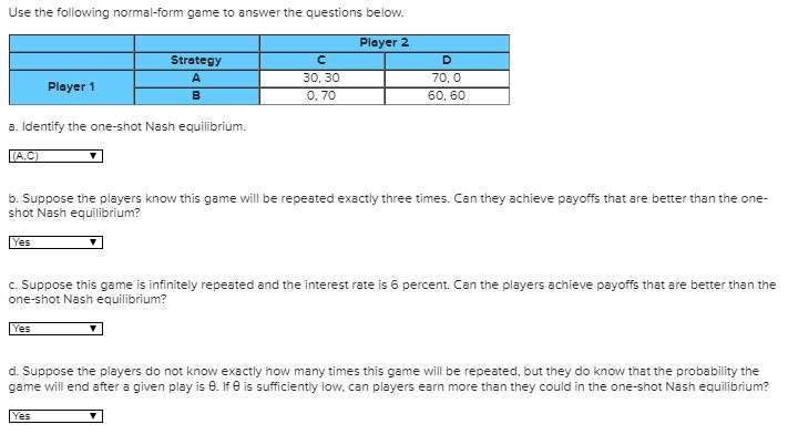 Solved Use the following normal-form game to answer the | Chegg.com