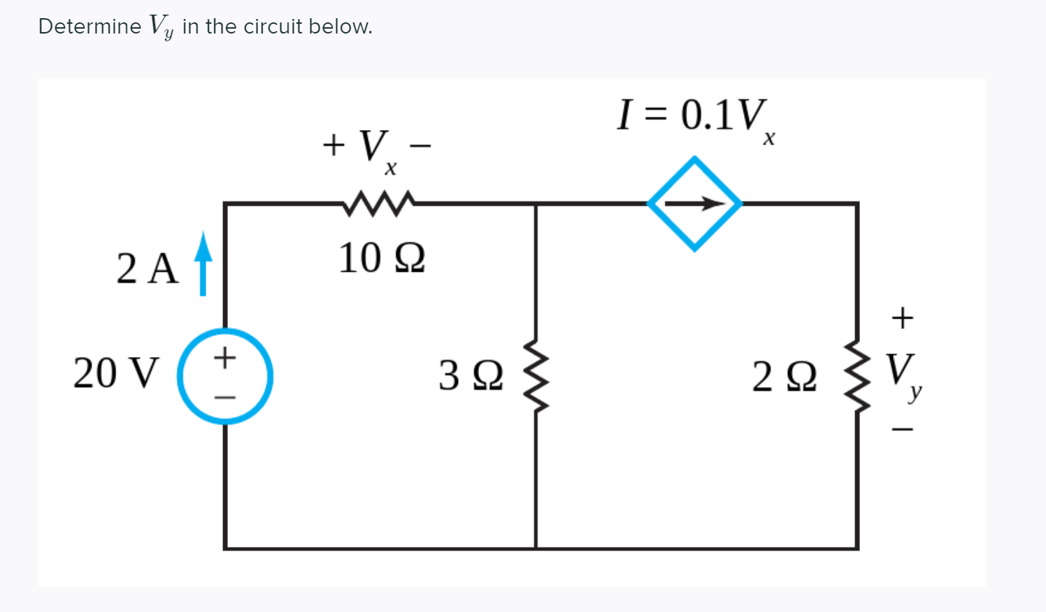 Solved Determine Vy in the circuit below. I = 0.1V + V - Х w | Chegg.com