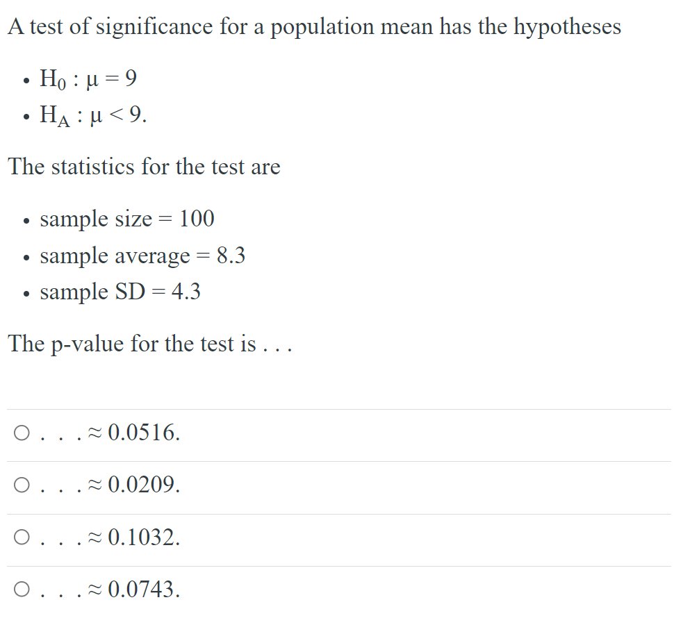Solved A test of significance for a population mean has the | Chegg.com