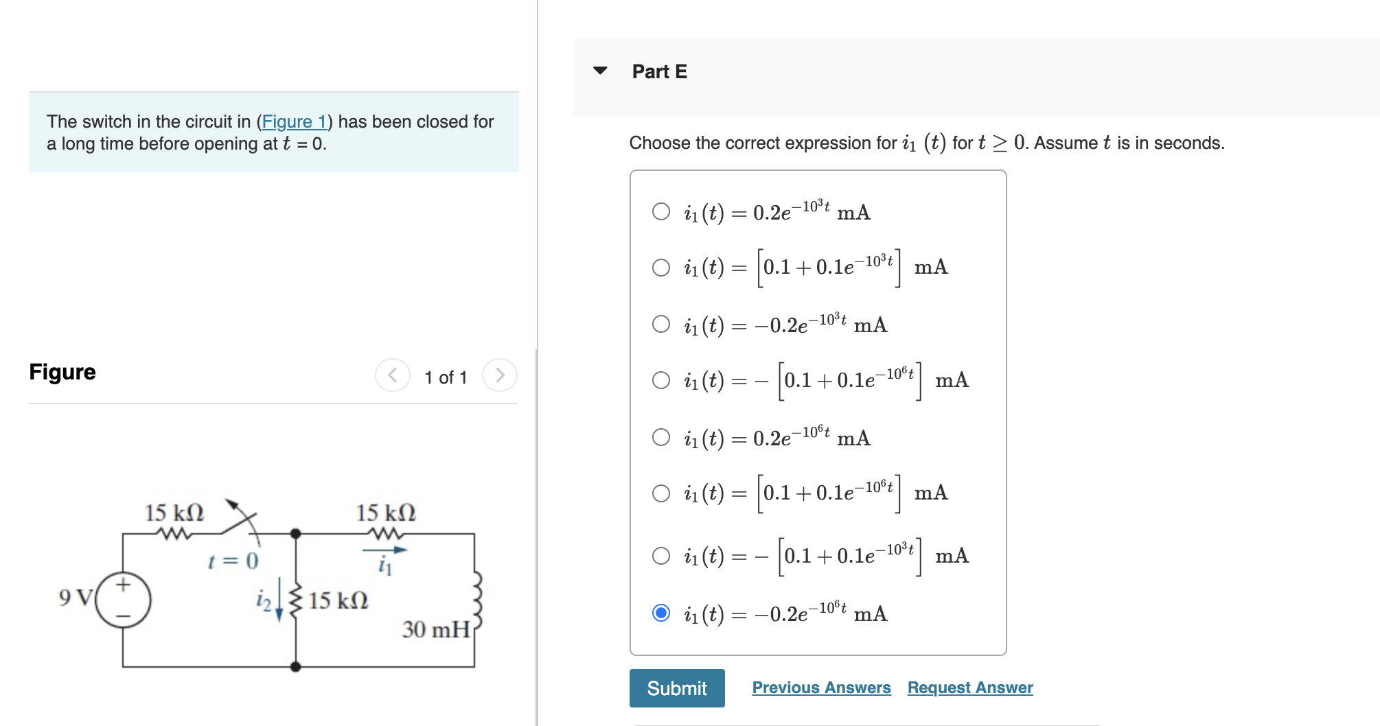 Solved The switch in the circuit in (Figure 1) has been | Chegg.com