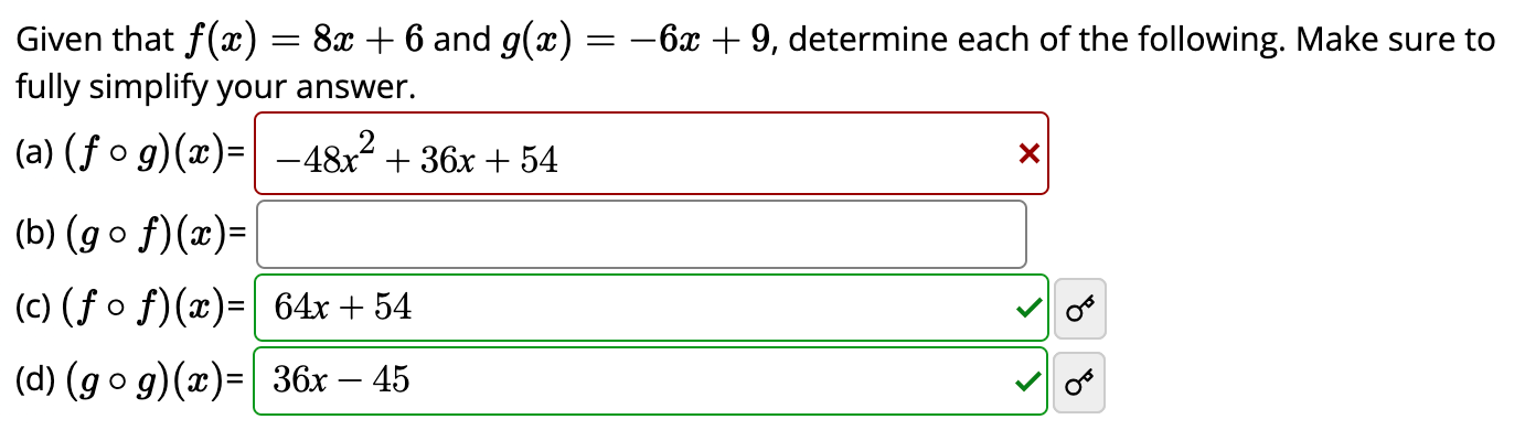 Solved Given that f(x)=8x+6 and g(x)=−6x+9, determine each | Chegg.com