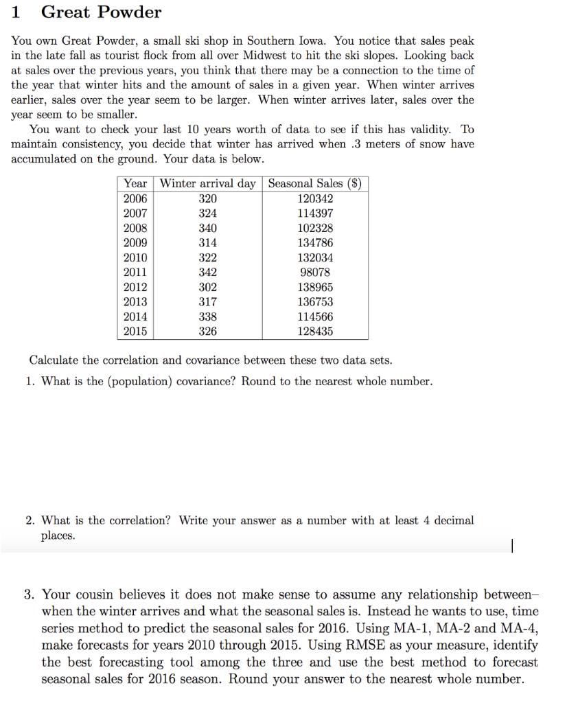 Solved 1 Great Powder You own Great Powder, a small ski shop | Chegg.com