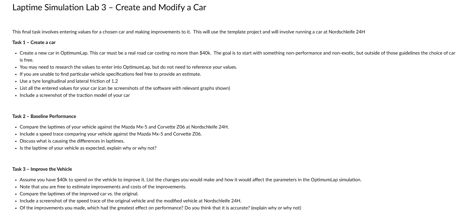 Laptime Simulation Lab 3 - ﻿Create and Modify a Car | Chegg.com