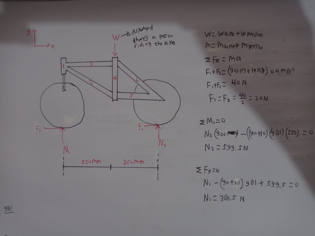 W=Wbik e +W person m= Muriet Mperson ΣFx=m9F1+F2=(90 | Chegg.com