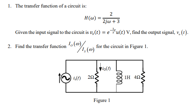 Solved 1. The transfer function of a circuit is: 2 HW) 2jw + | Chegg.com