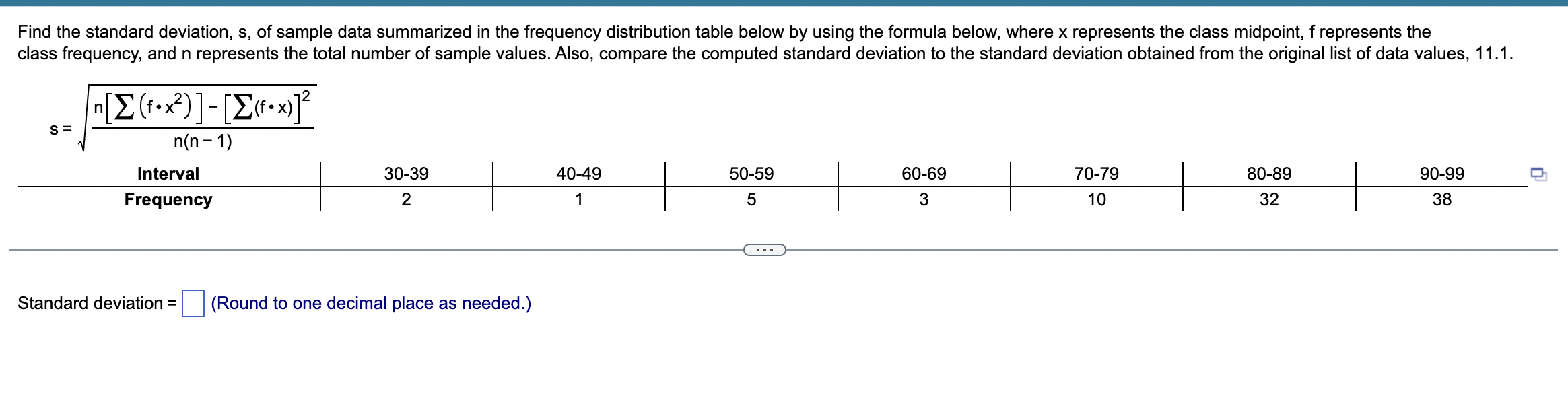 Solved Find the standard deviation, s, of sample data | Chegg.com