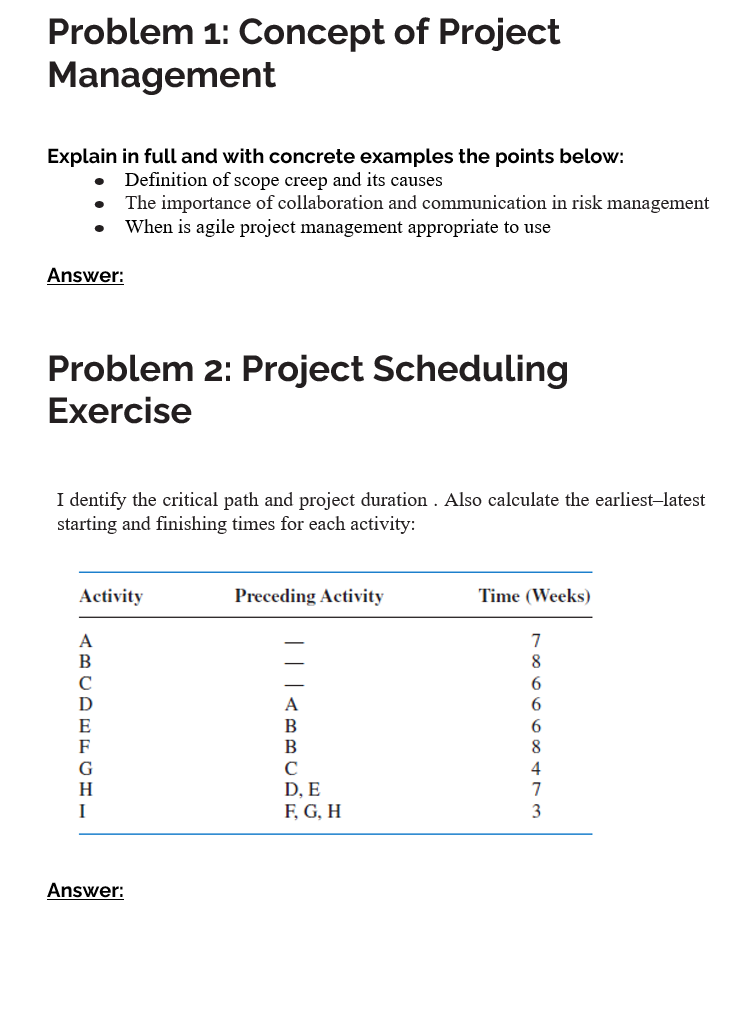 Solved Problem 1: Concept of Project Management Explain in | Chegg.com