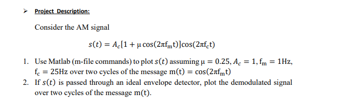 Solved V Project Description: Consider the AM signal s(t) = | Chegg.com