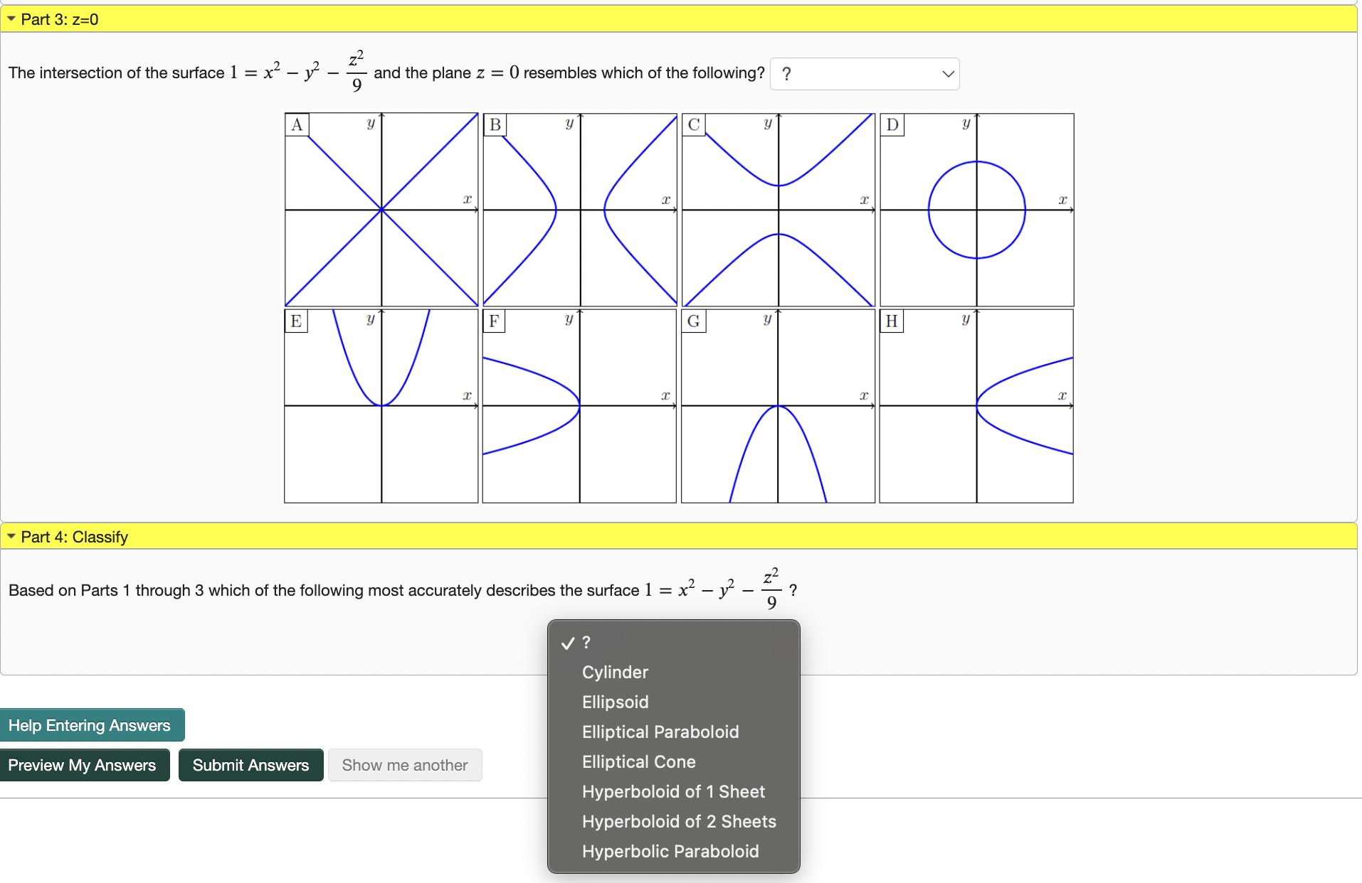 Solved Dur goal is to classify the surface: 1=x2−y2−9z2 - | Chegg.com
