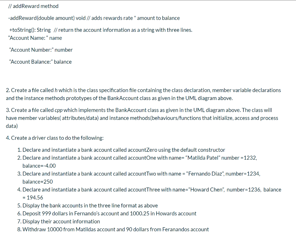 Solved Specifications: 1. Design a class called BankAccount. | Chegg.com