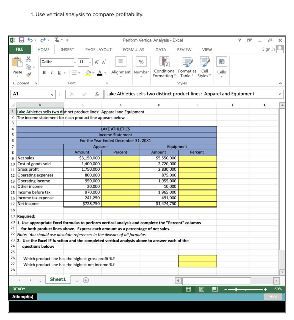 Solved 1. Use vertical analysis to compare profitability. x | Chegg.com