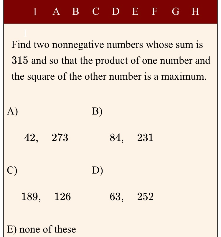 Solved 1. A B C D E F G H Find two nonnegative numbers whose | Chegg.com