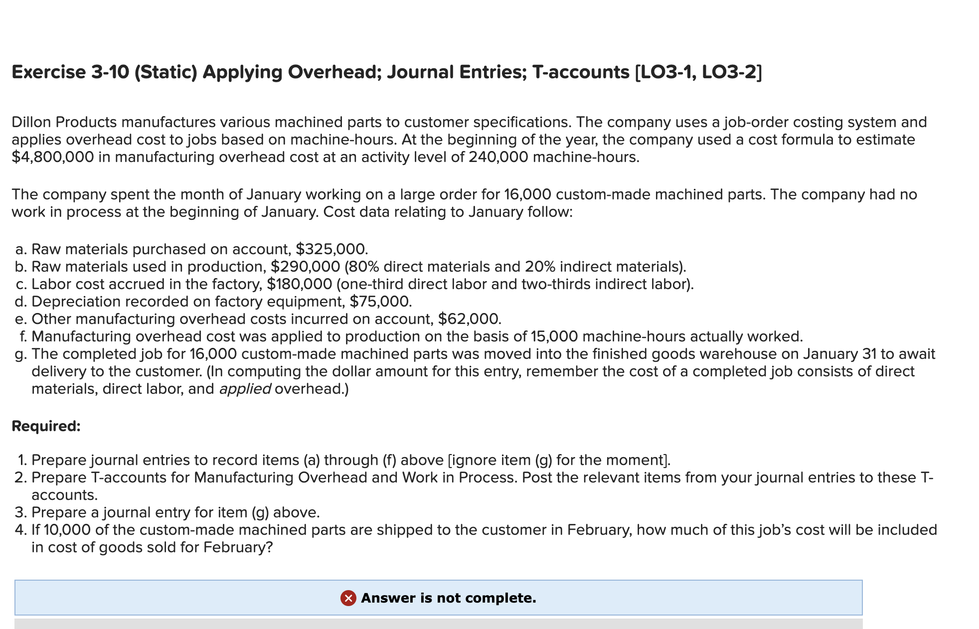 Solved Exercise 3-10 (Static) Applying Overhead; Journal | Chegg.com