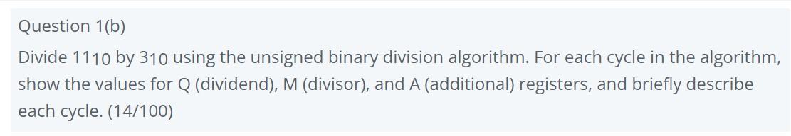 Solved Question 1(b) Divide 1110 by 310 using the unsigned | Chegg.com
