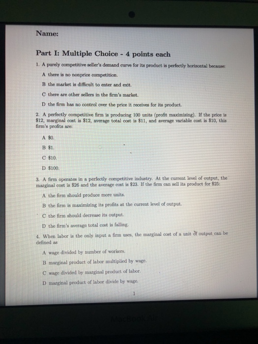 Solved Name: Part I: Multiple Choice - 4 points each 1. A | Chegg.com