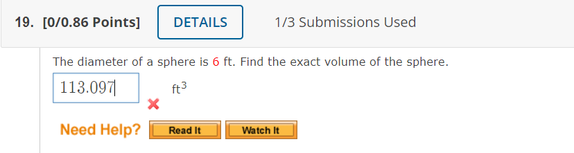 Solved The diameter of a sphere is 6 ft. Find the exact | Chegg.com