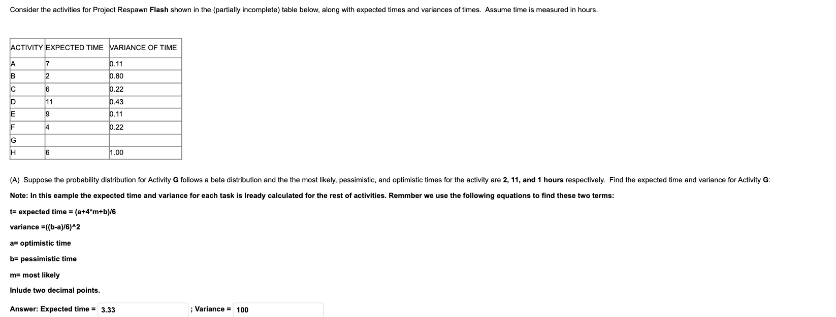 Solved t= expected time =(a+4∗m+b)/6 variance =((b−a)/6)∧2 | Chegg.com