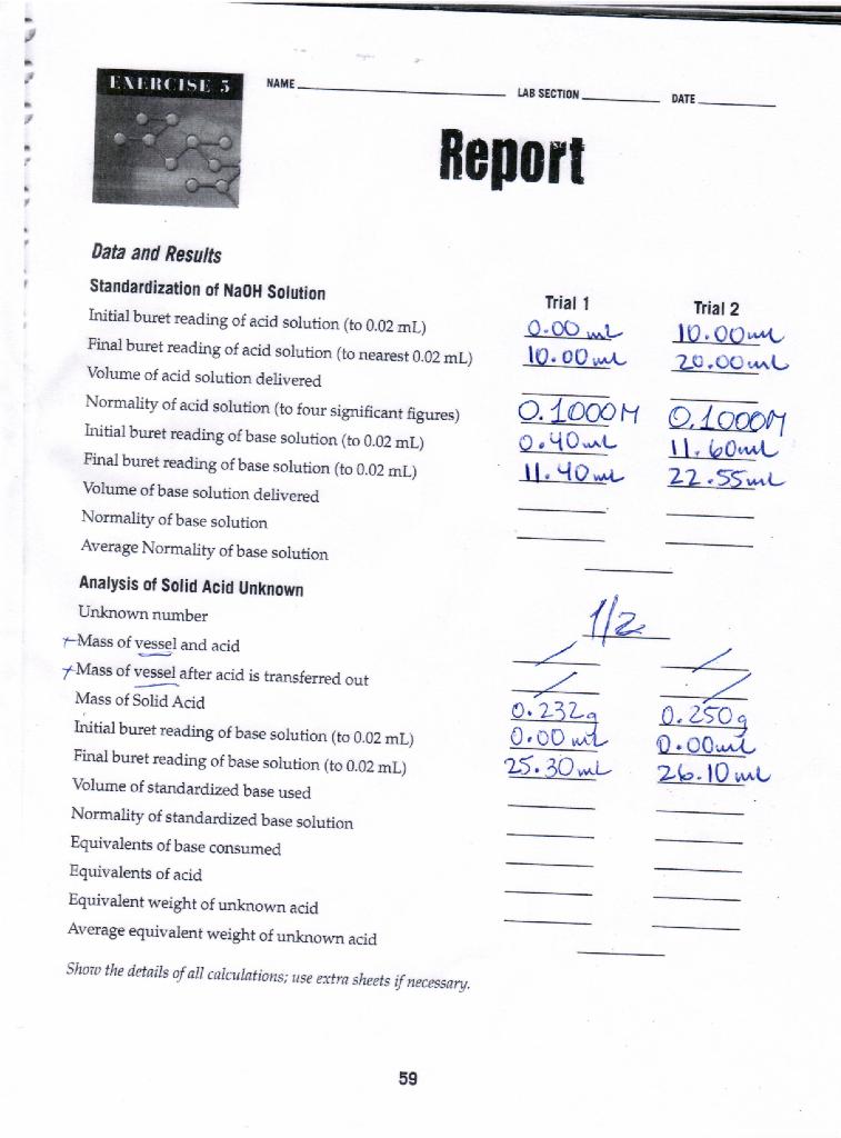 Solved EXERCISE 5 NAME LAB SECTION DATE Report Trial 1 0.00 | Chegg.com