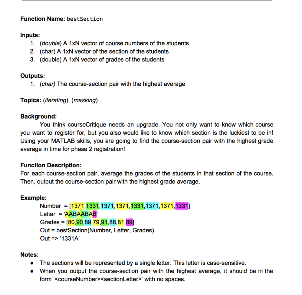 Solved Function Name: bestSection Inputs: 1. (double) A 1xN | Chegg.com