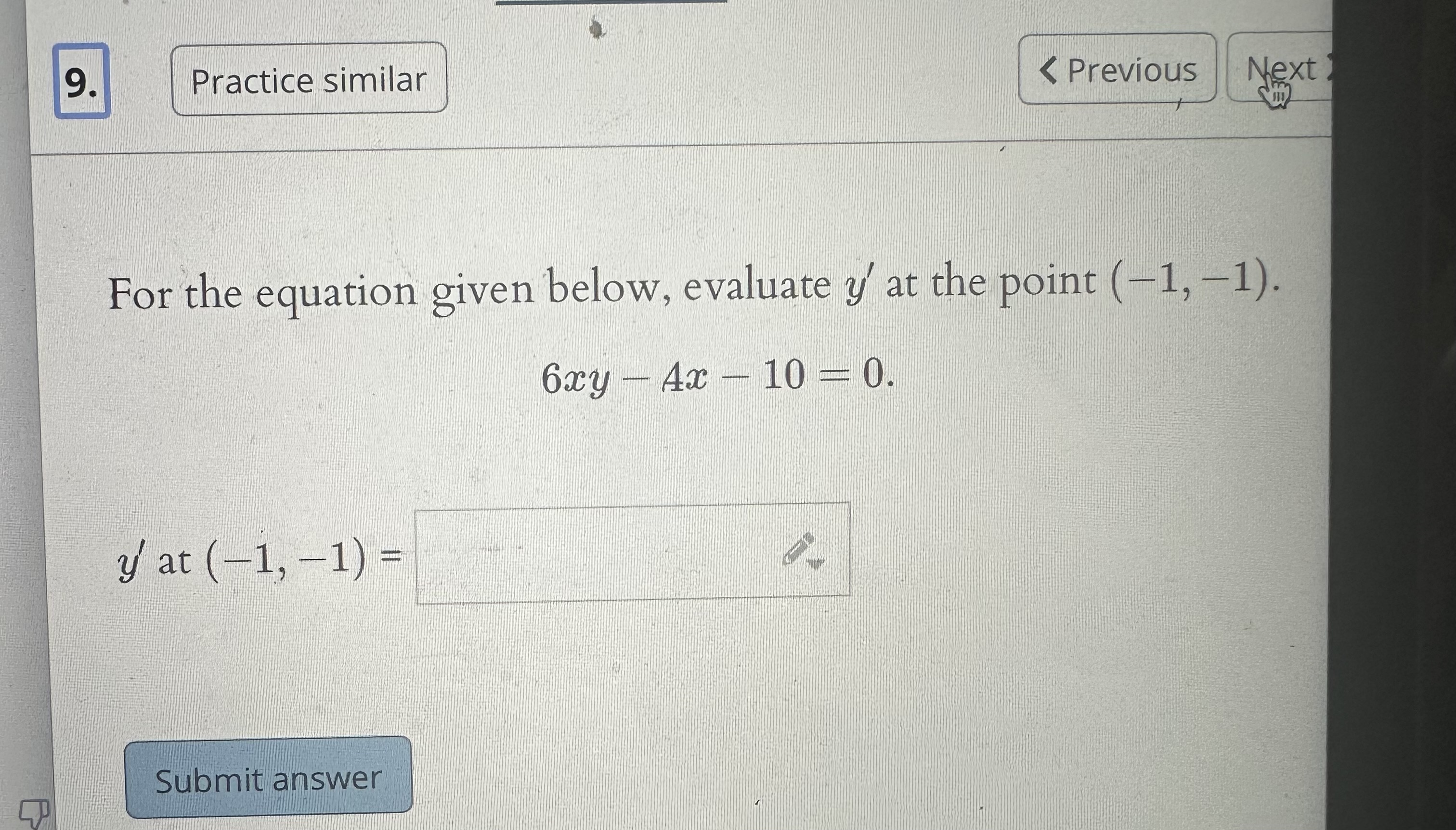 Solved For the equation given below, evaluate y′ at the | Chegg.com