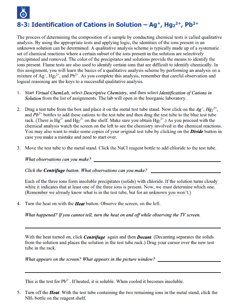 8-3: Identification of Cations in Solution - Ag+, | Chegg.com