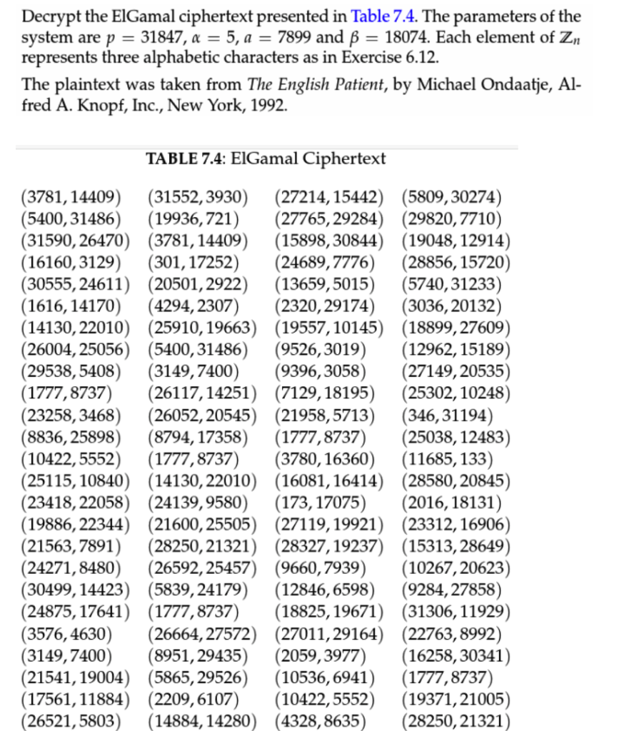 Solved = Decrypt the ElGamal ciphertext presented in Table | Chegg.com