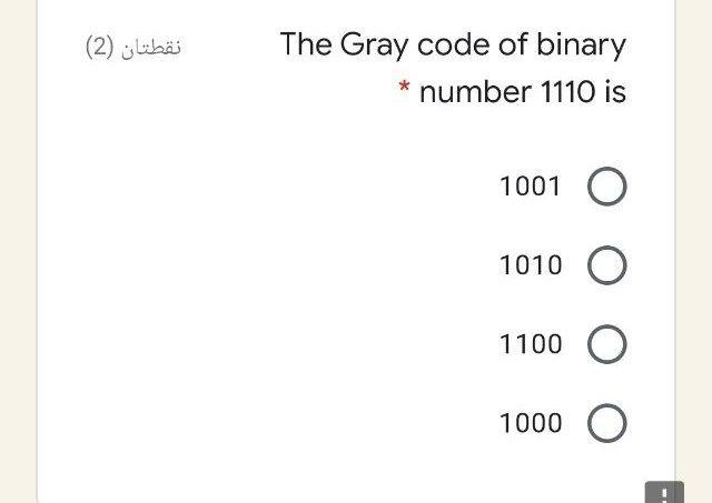 Solved نقطتان (2) The Gray code of binary number 1110 is | Chegg.com