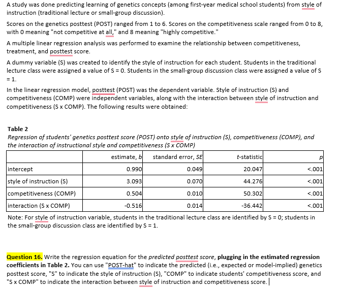 Solved A study was done predicting learning of genetics | Chegg.com