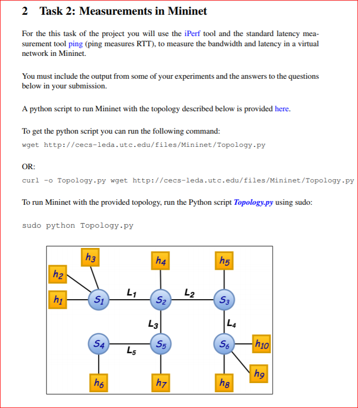 Solved 2 Task 2: Measurements in Mininet For the this task | Chegg.com