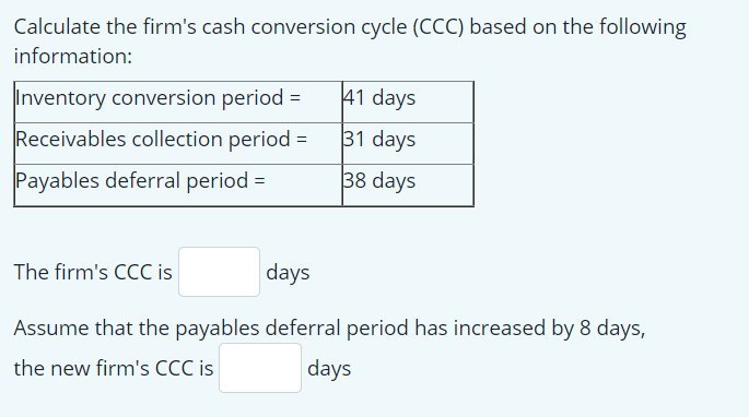 Solved Calculate the firm's cash conversion cycle (CCC) | Chegg.com