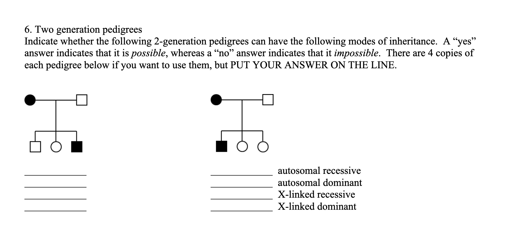 Solved 6. Two generation pedigrees Indicate whether the | Chegg.com Solved 6. Two generation pedigrees Indicate whether the | Chegg.com