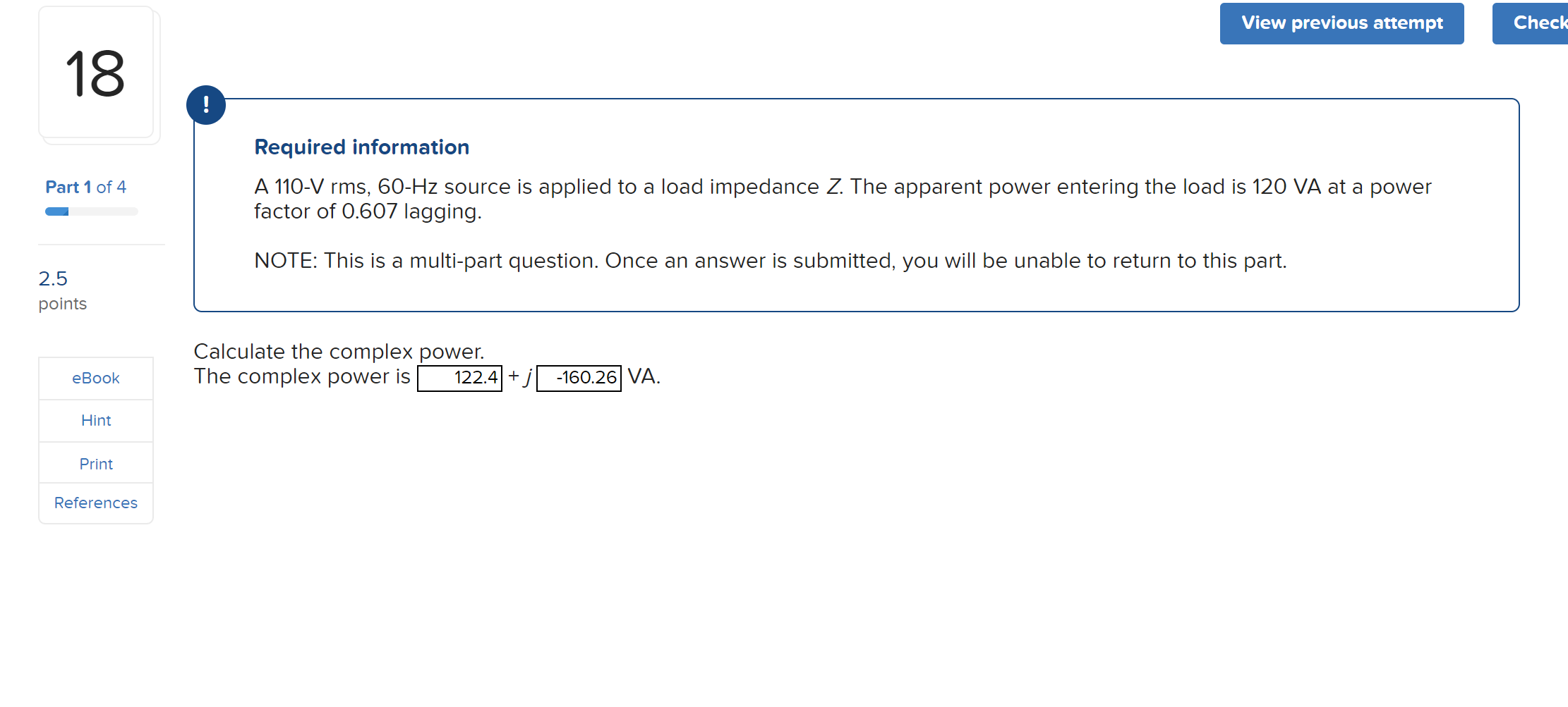 Solved View previous attempt Check 18 Part 1 of 4 Required | Chegg.com