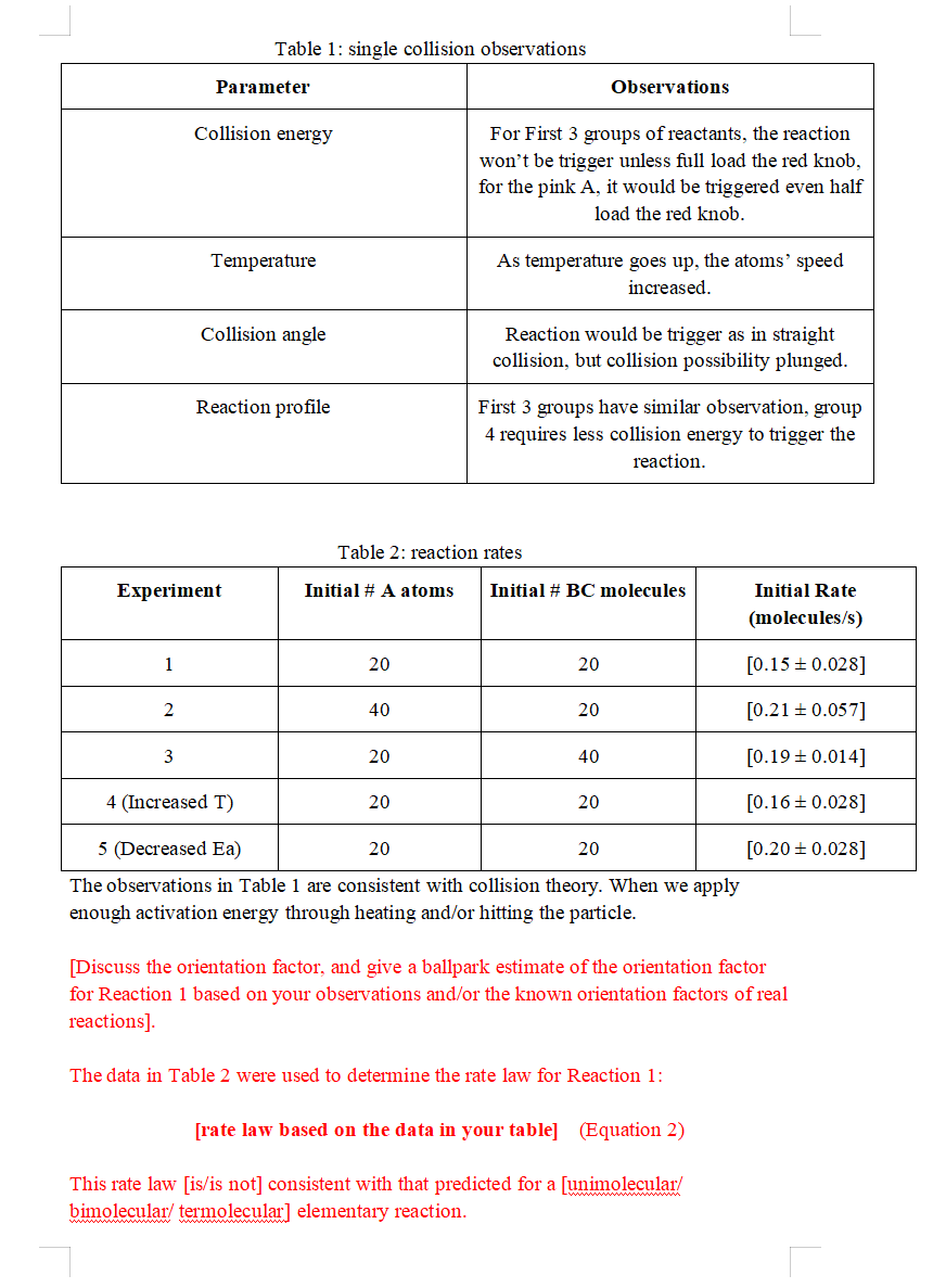 Table 1: single collision observations Parameter | Chegg.com