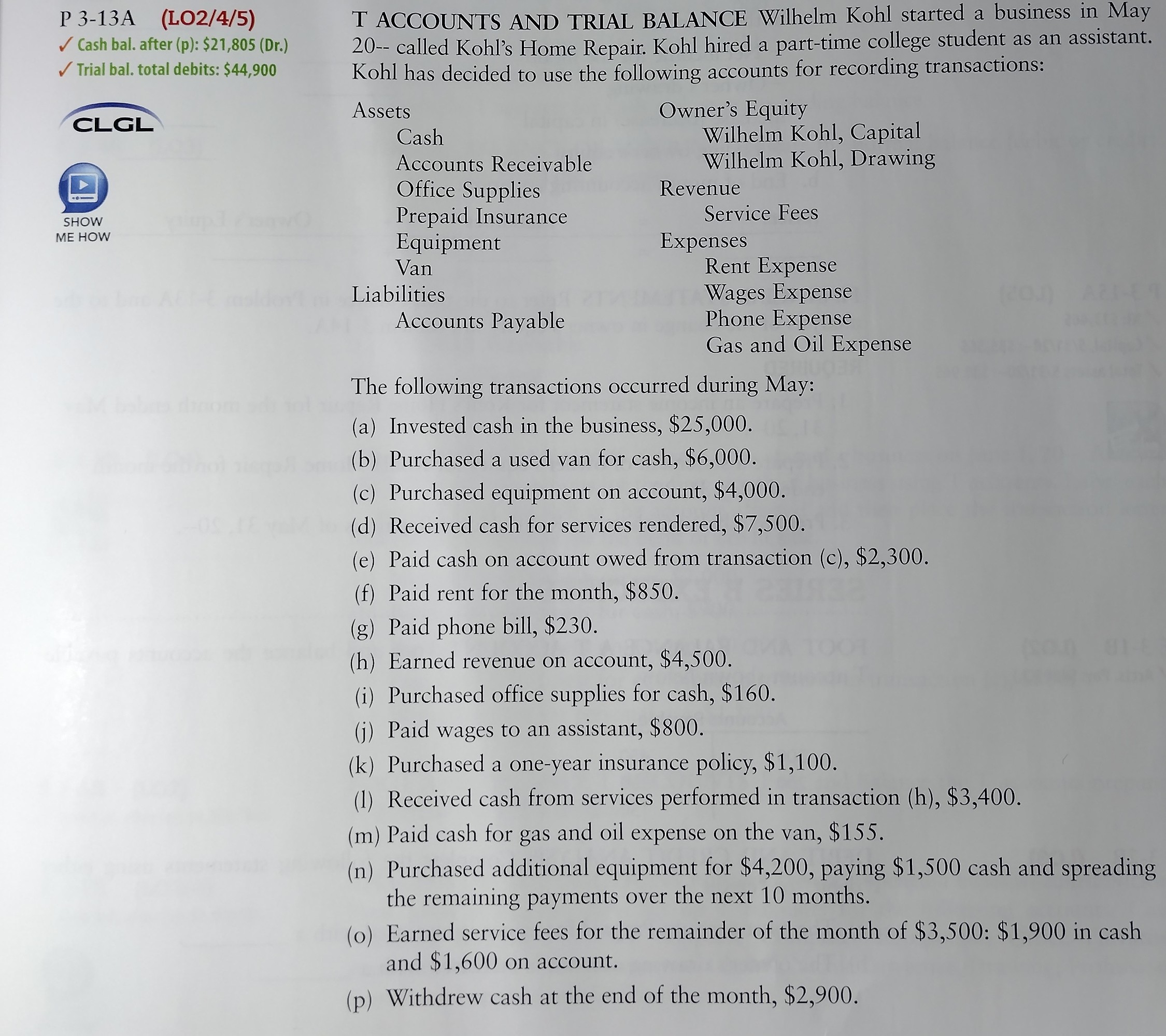 Solved P 3-13A (LO2/4/5) Cash bal. after (p): \$21,805 | Chegg.com
