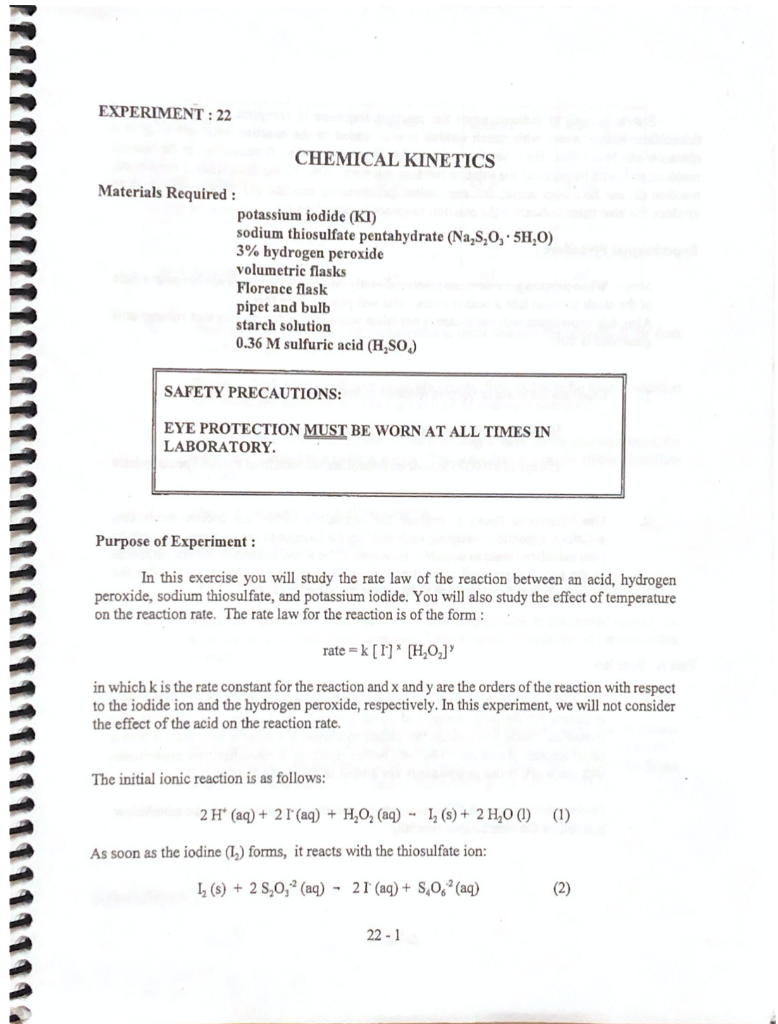 EXPERIMENT : 22 CHEMICAL KINETICS Materials Required: | Chegg.com