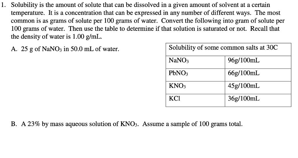 Solved 1. Solubility is the amount of solute that can be | Chegg.com
