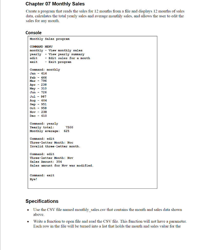 Solved Chapter 07 Monthly Sales Create a program that reads | Chegg.com