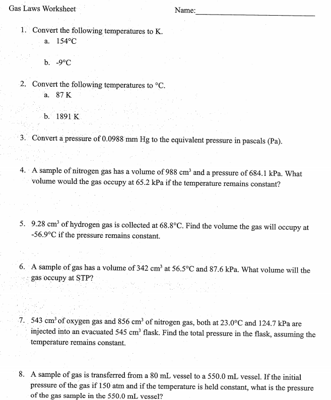 Solved Gas Laws Worksheet Name: 1. Convert the following | Chegg.com