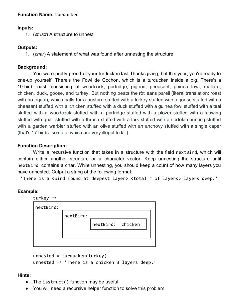 Function Name: turducken Inputs: 1. (struct) A | Chegg.com