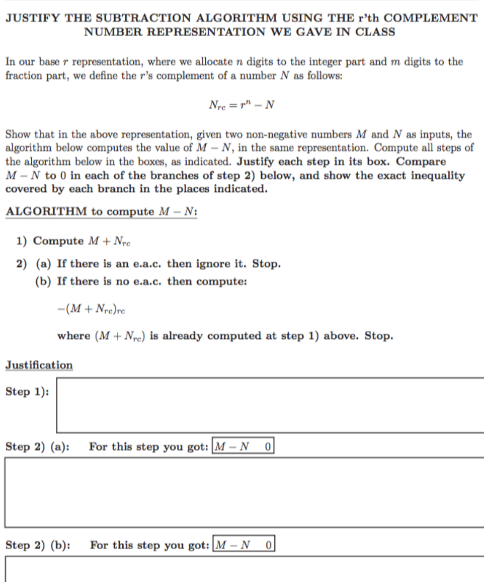 JUSTIFY THE SUBTRACTION ALGORITHM USING THE r’th | Chegg.com