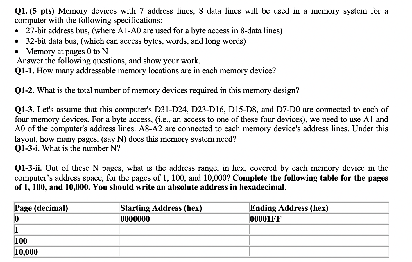 Solved Q1. (5 pts) Memory devices with 7 address lines, 8 | Chegg.com