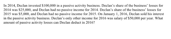 Solved In 2014, Declan invested S100,000 in a passive | Chegg.com