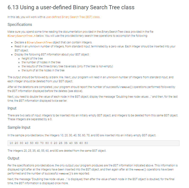Instructions, main.cpp and BinaryNodeTree.h provided. | Chegg.com