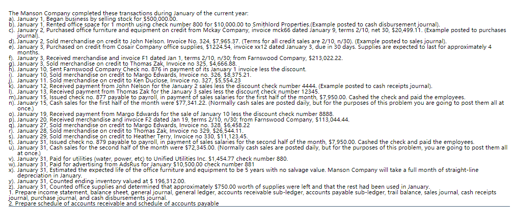 The Manson Company completed these transactions | Chegg.com