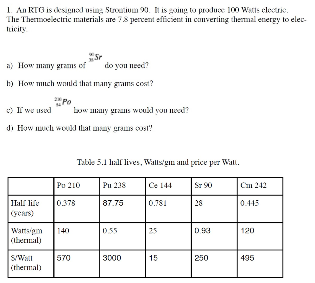 Solved 1. An RTG is designed using Strontium 90. It is going | Chegg.com