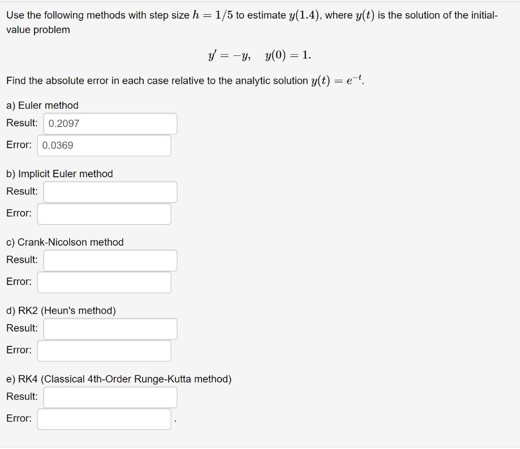 Solved Use the following methods with step size h = 1) 1/5 | Chegg.com