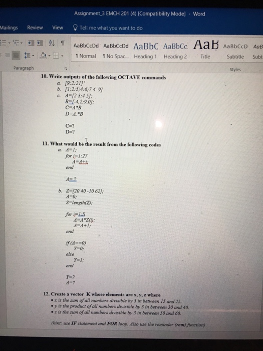 Solved Write outputs of the following OCTAVE commands | Chegg.com
