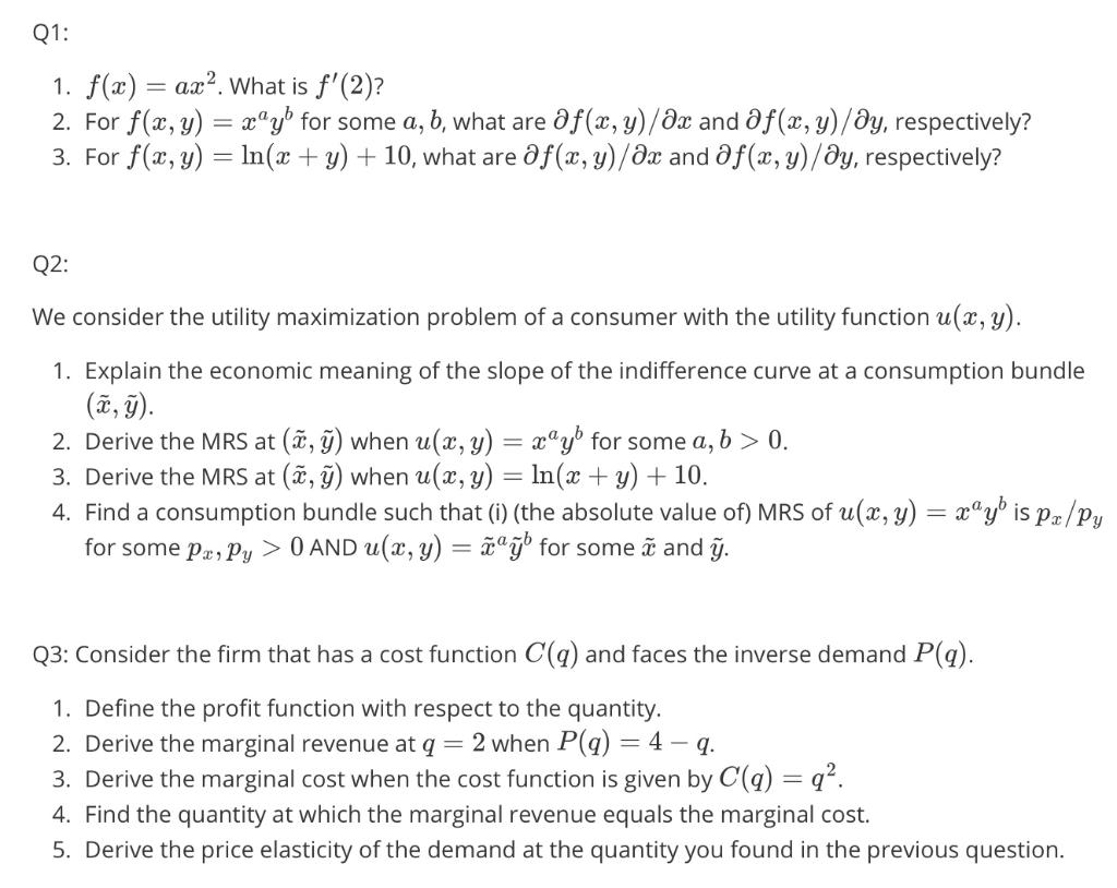 Solved 1. f(x)=ax2. What is f′(2) ? 2. For f(x,y)=xayb for | Chegg.com